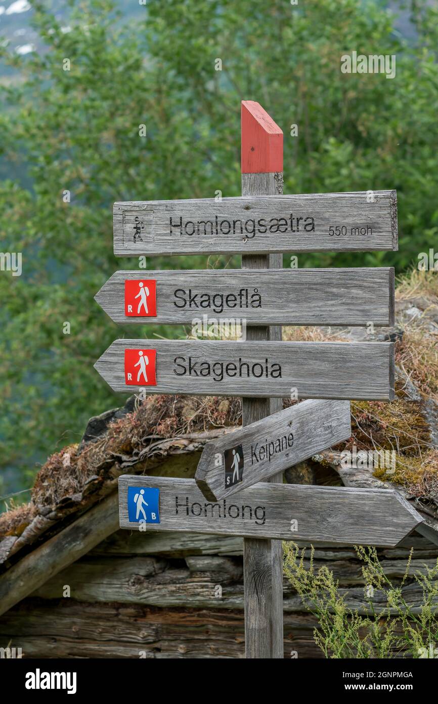 GEIRANGER, NORWAY - 2020 JUNE 21.Hiking post sign in Geiranger Skageflå ...