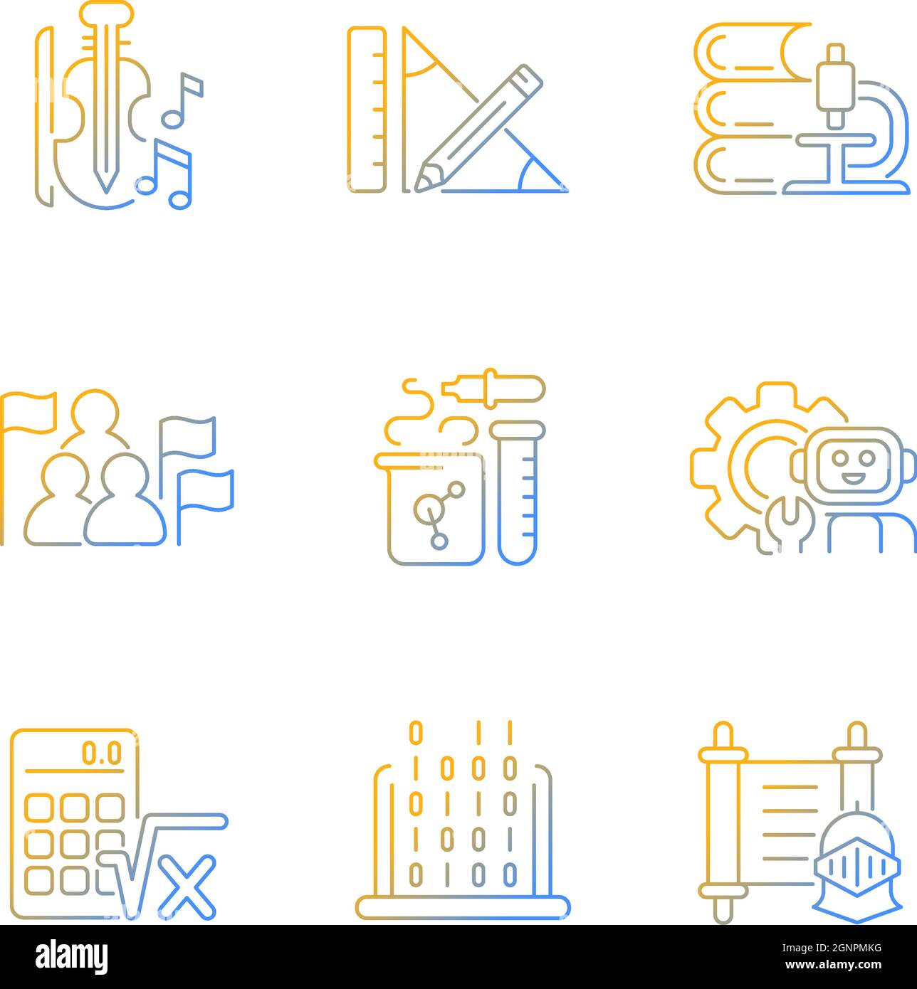 Different types of school subjects gradient linear vector icons set ...
