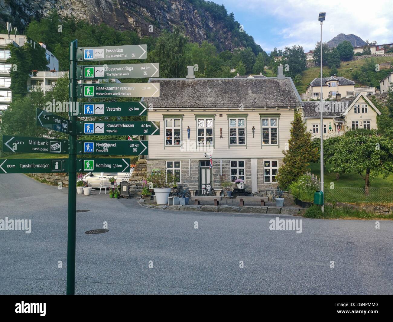 GEIRANGER, NORWAY- JUNE 22. Centrum of Geiranger with route direction ...