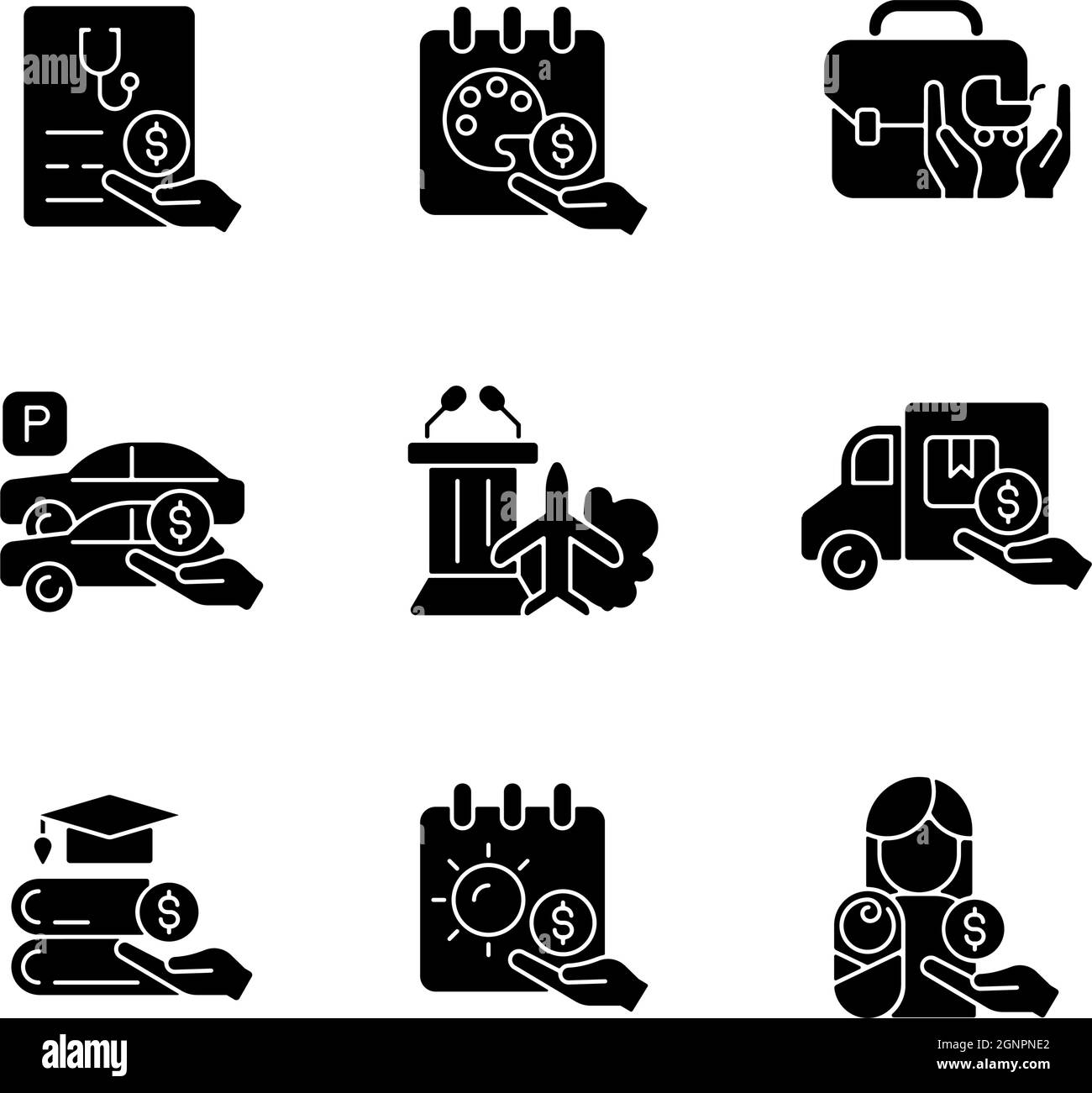 Rewarding employee for hard work black glyph icons set on white space ...