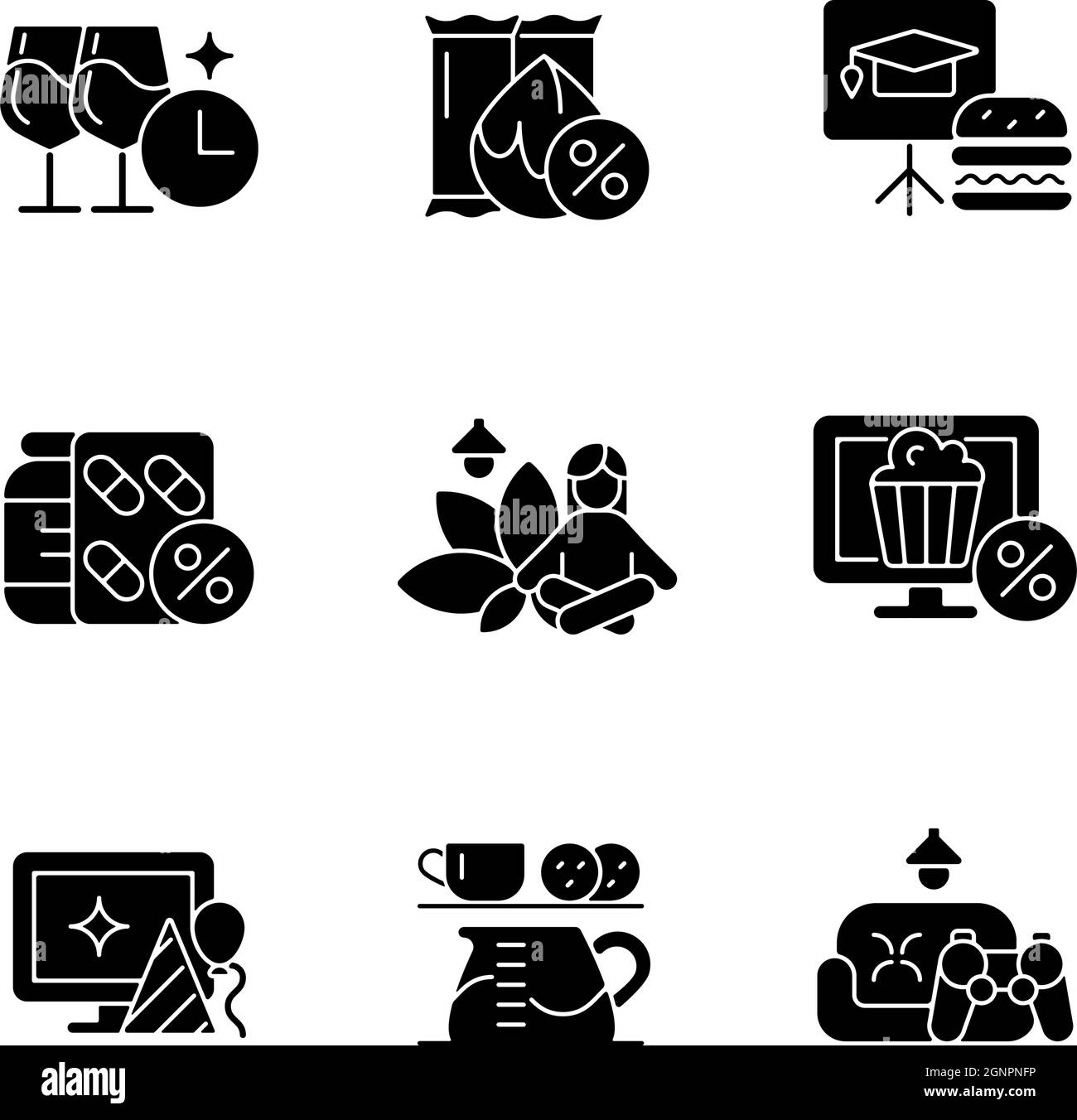 Employee benefits for wellbeing black glyph icons set on white space ...