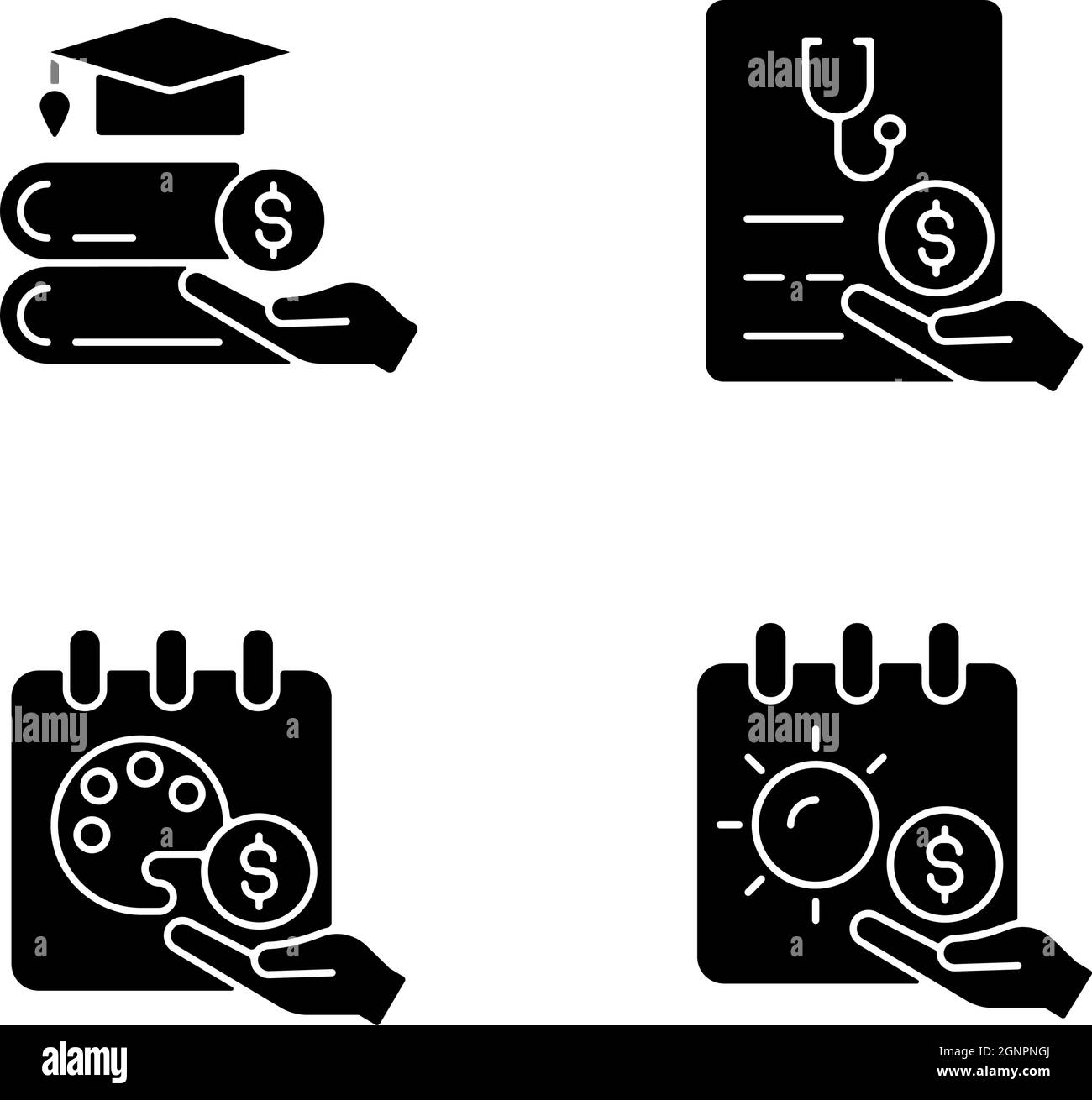 Workplace wellbeing benefits black glyph icons set on white space Stock ...