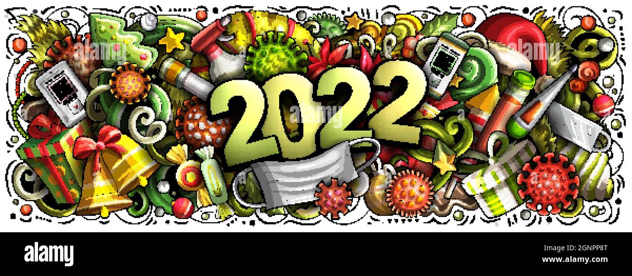 2022 Cartoon cute doodles New Year and Coronavirus illustration Stock ...