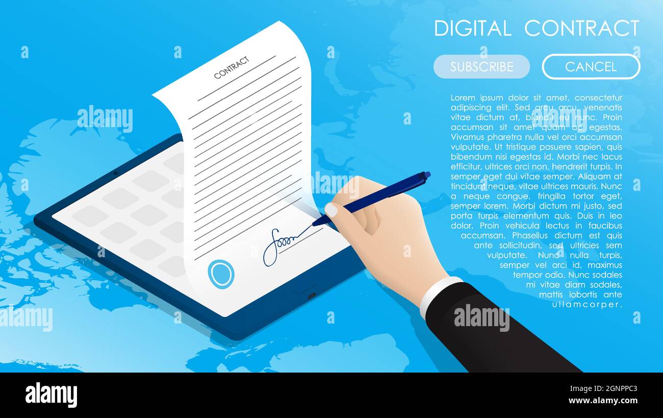Isometric Concept. Business man hand signs contract, long term ...