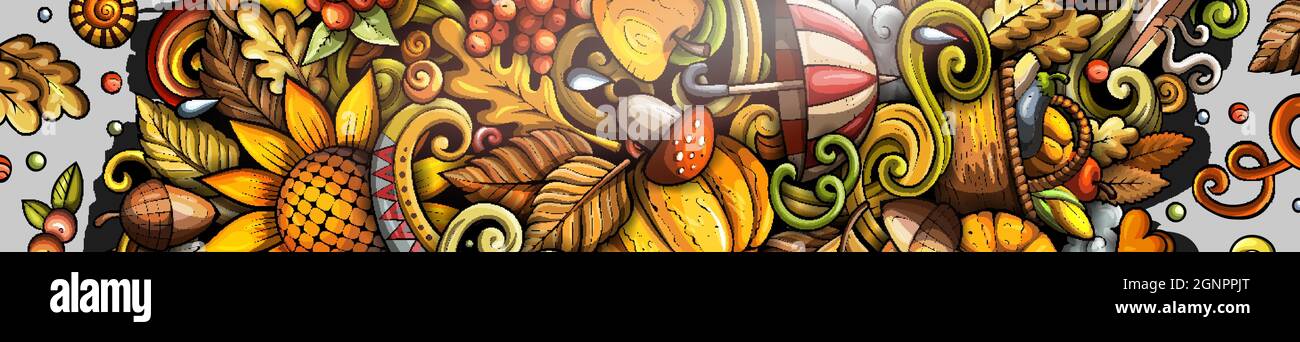 Cartoon cute colorful hand drawn doodles Fall season banner Stock ...