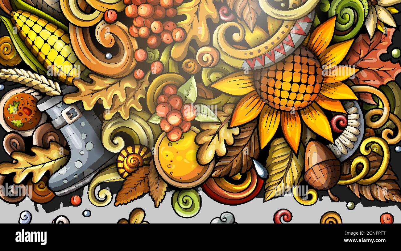 Cartoon cute colorful hand drawn doodles Fall season banner Stock ...