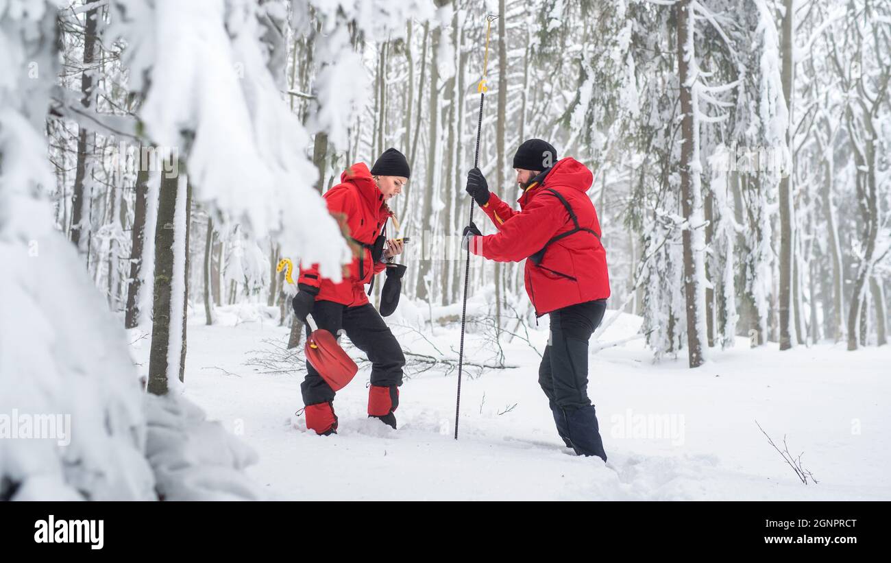Mountain rescue service on operation outdoors in winter in forest ...