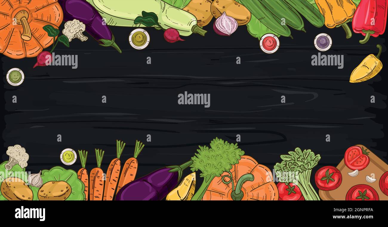 Realistic various vegetables on wooden background - Vector illustration ...