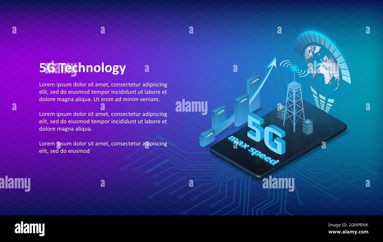 5G internet technology banner template with isometric phone on blue ...