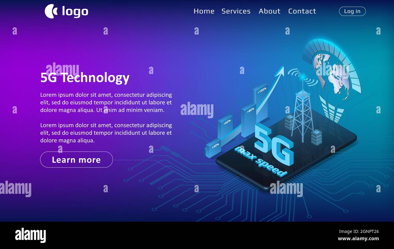 5G internet technology website template with isometric phone on blue ...