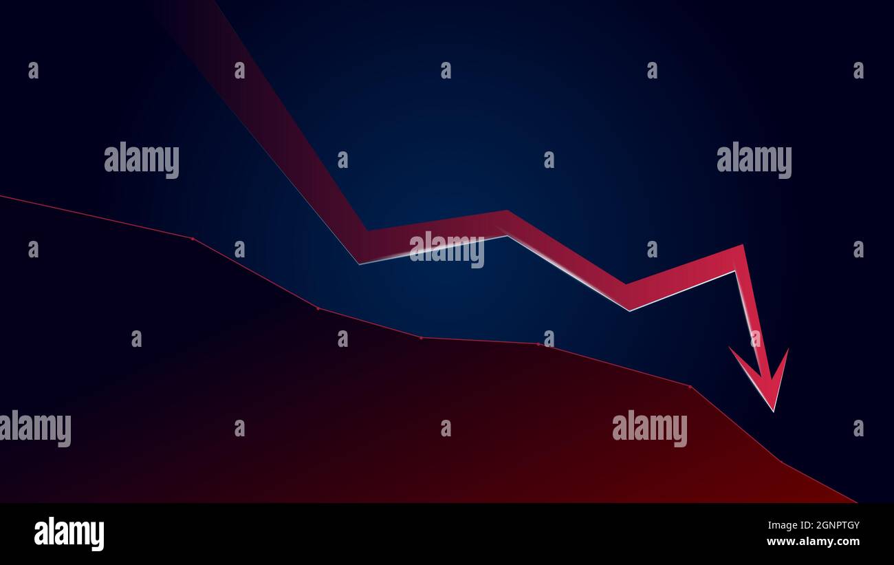 Red downtrend arrow and price falls down with copy space on dark blue ...