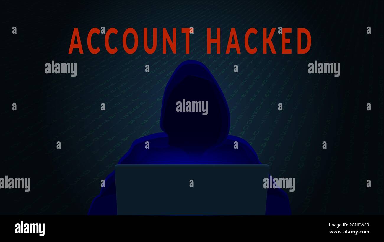 Account hacked concept with silhouette of hacker and computer on dark ...