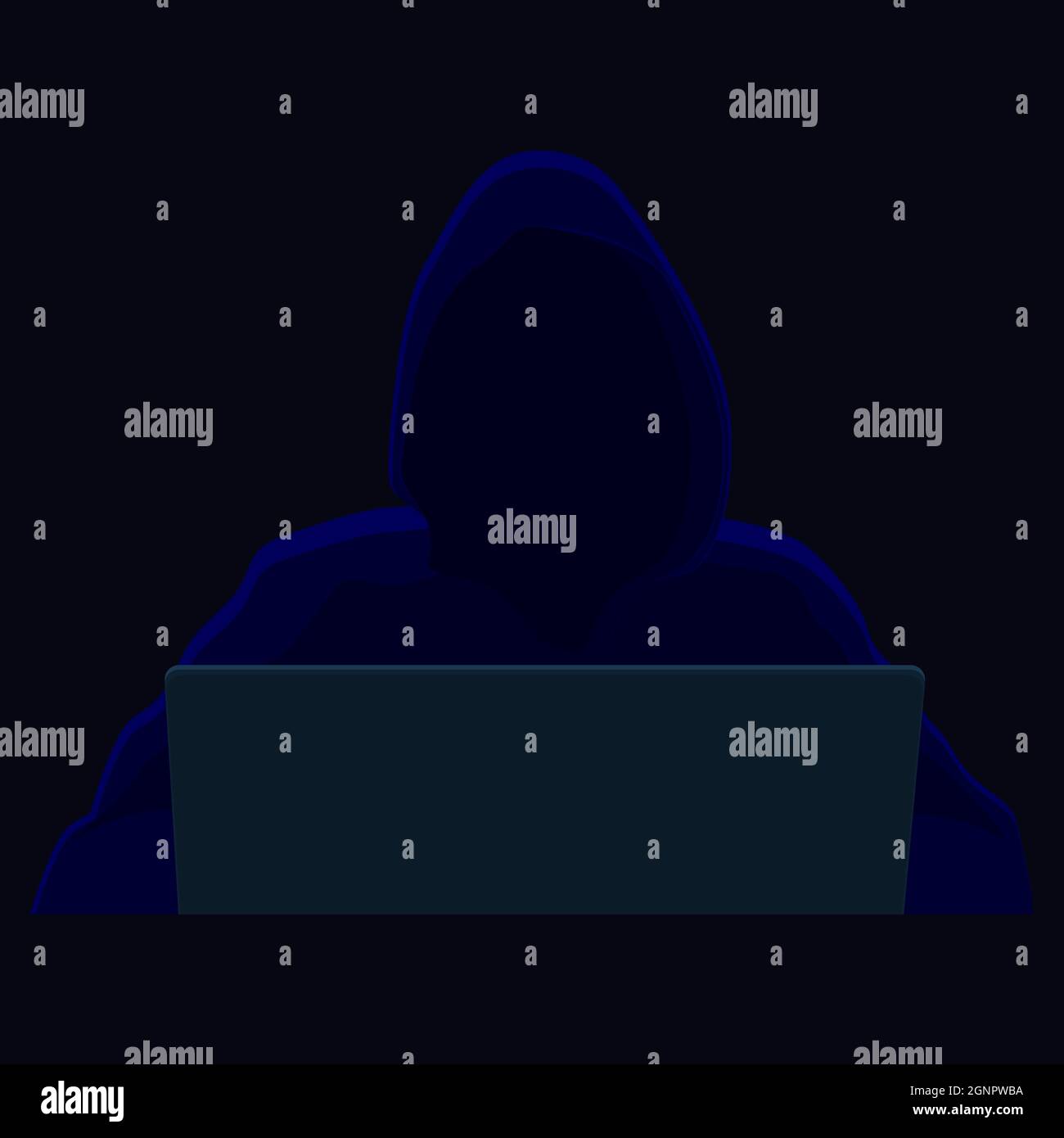 Silhouette of hacker and laptop computer isolated on black. Vector ...