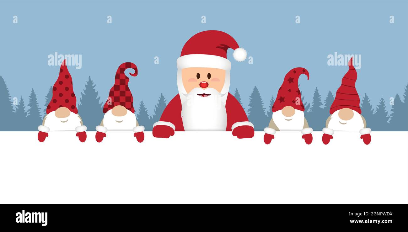 cute happy santa claus with his gnomes white banner and blue snowy ...