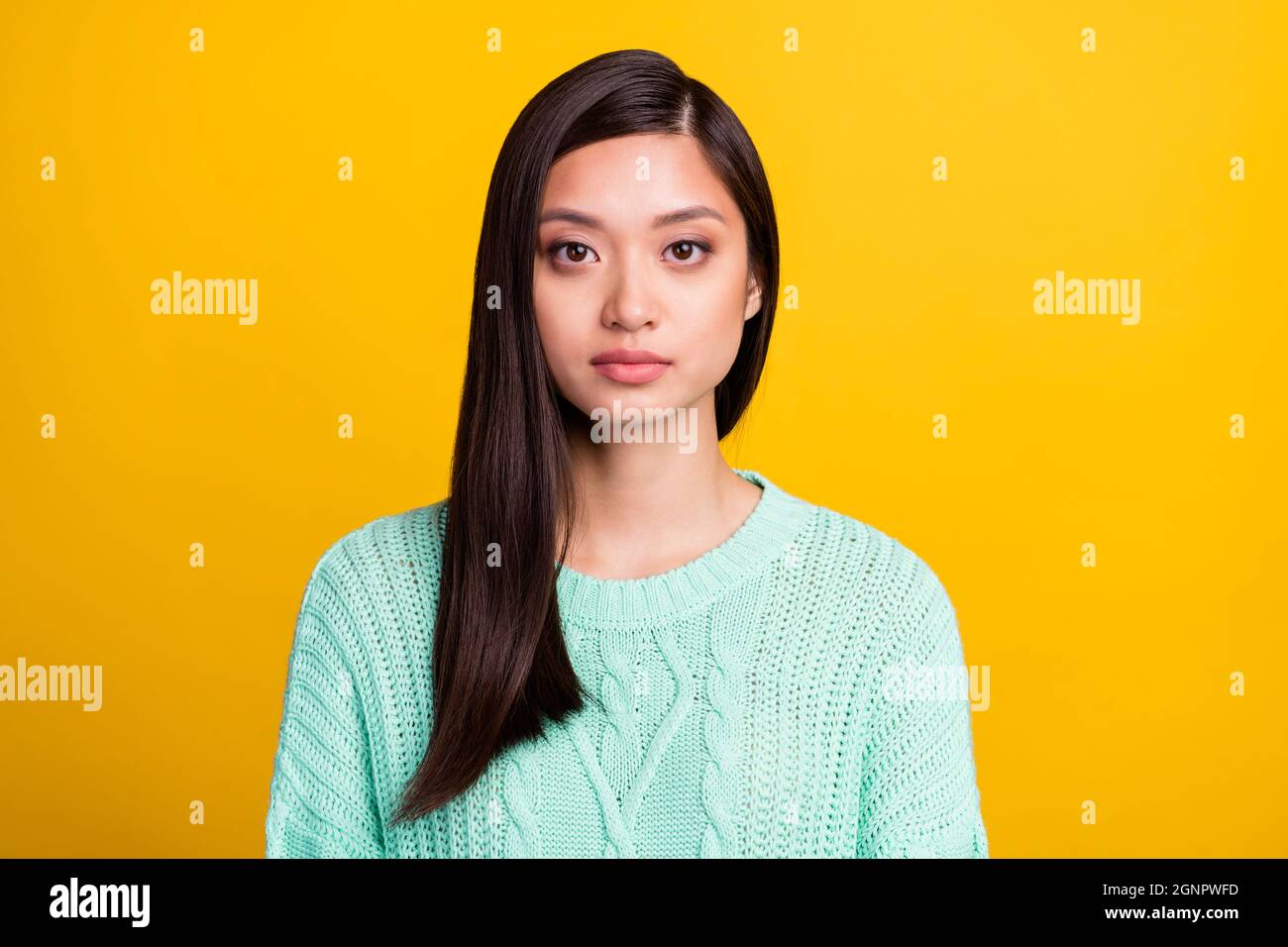 Photo of pretty charming young lady wear turquoise sweater isolated ...
