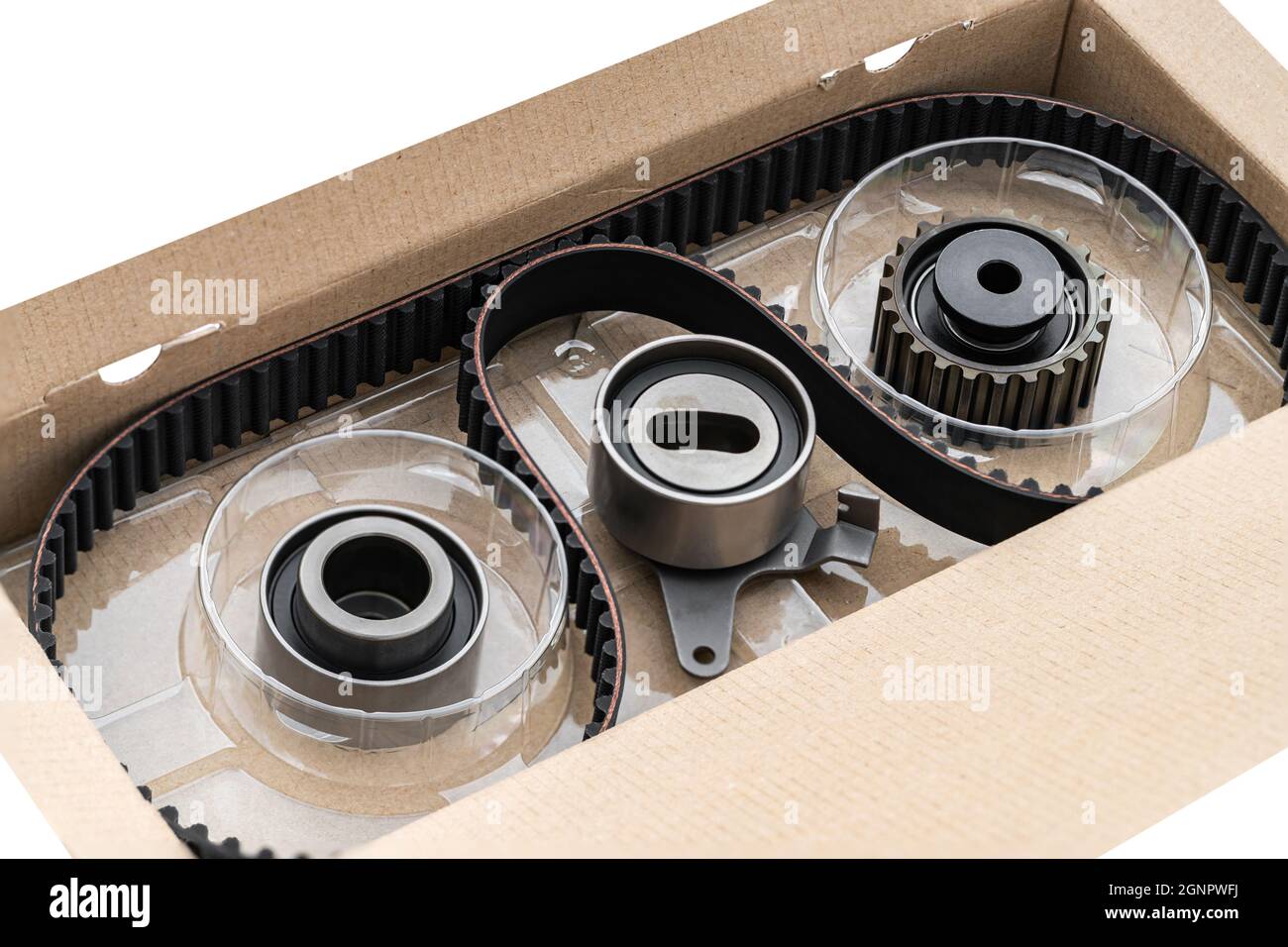 new car timing belt on white background Stock Photo - Alamy