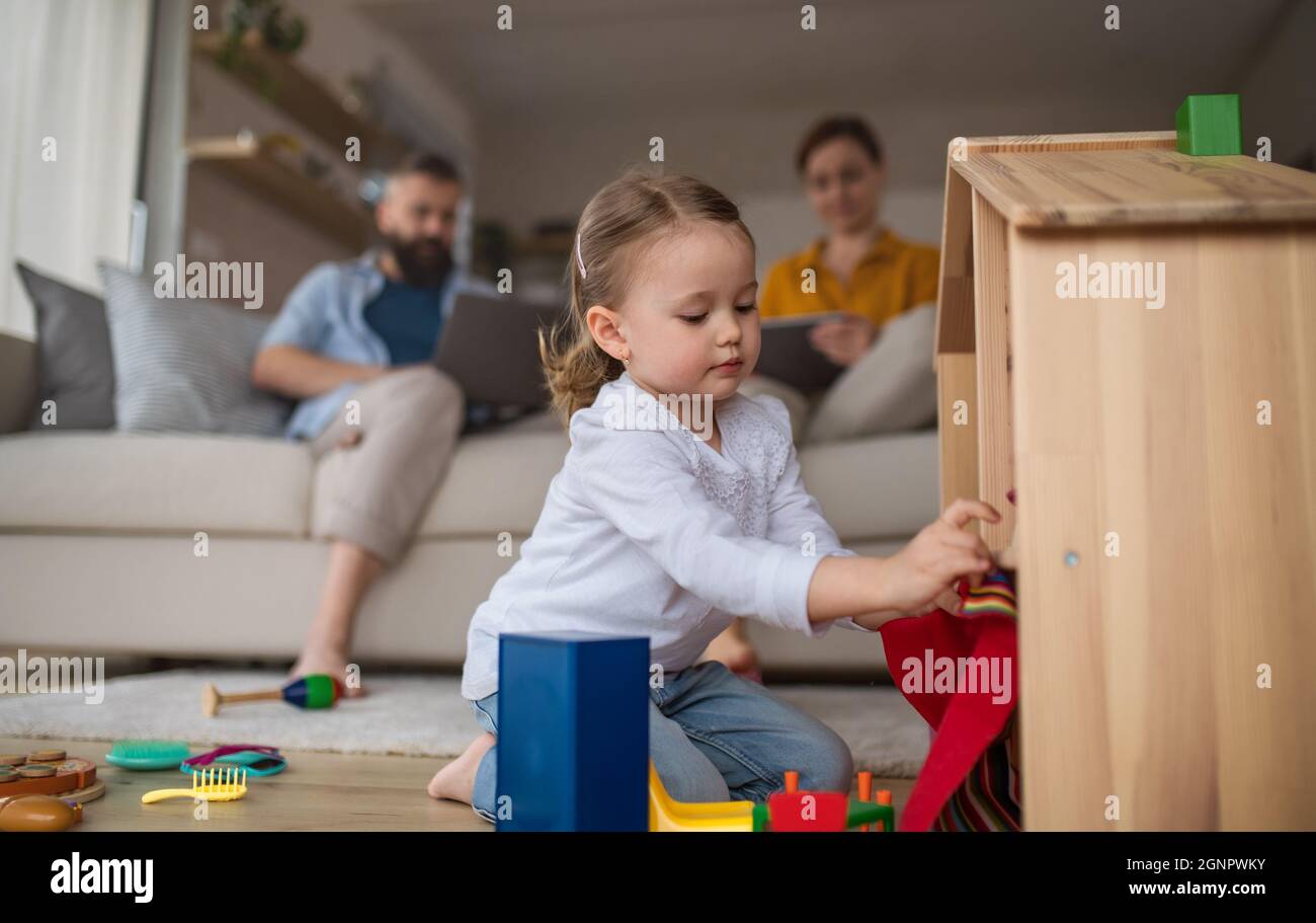 Little girl playing indoors at home, everyday life and home office with ...