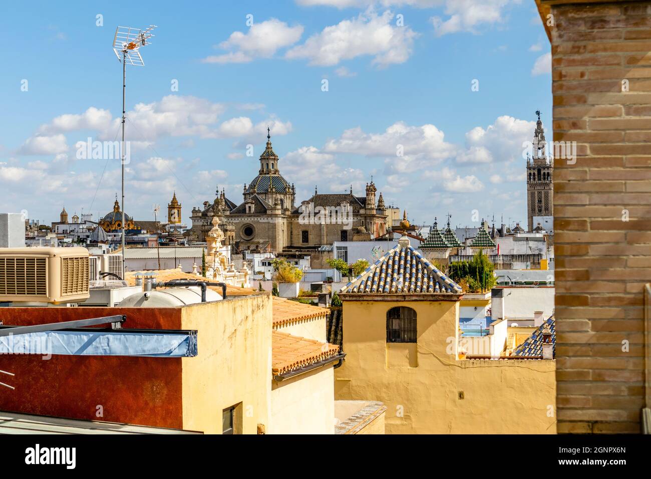 Skyline of Seville with famous church seen from rooftop, Andalusia ...