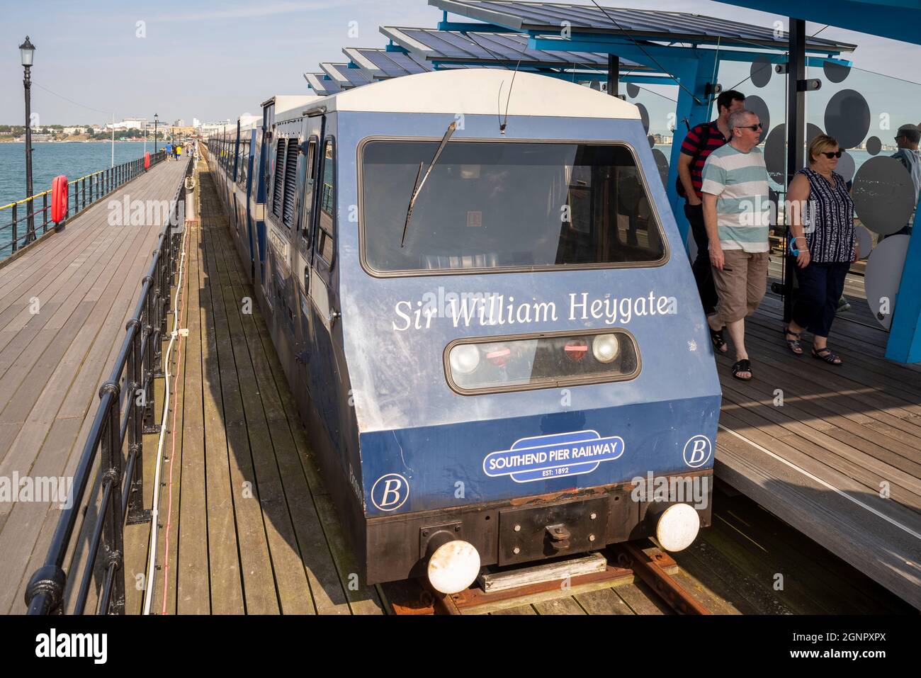 Southend Pier Railway train in the station at the end of Southend Pier ...