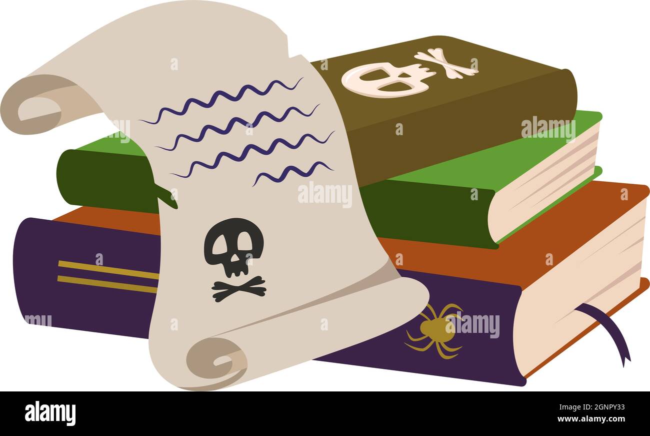 Gothic spell books with skull and paper scroll of witch. Festive ...