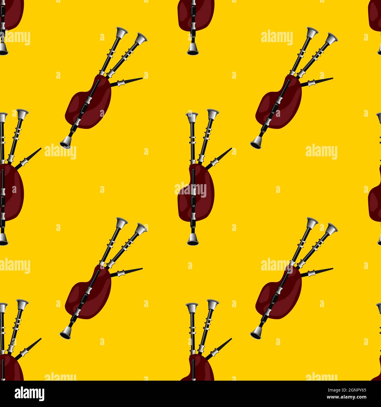 Musical instrument bagpipes on a yellow background seamless pattern ...