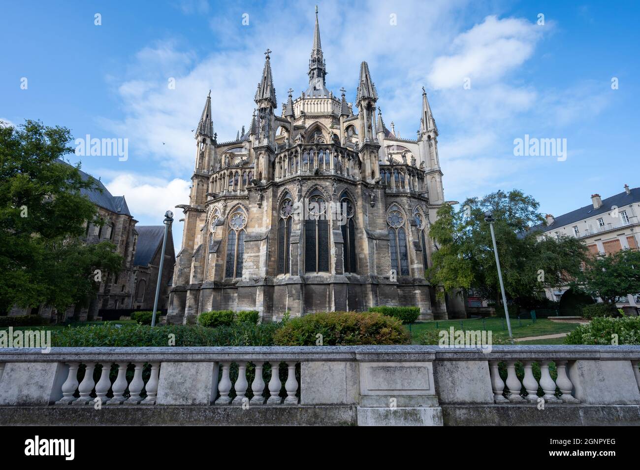 View from back side on gothic Roman Catholic cathedral church Notre ...