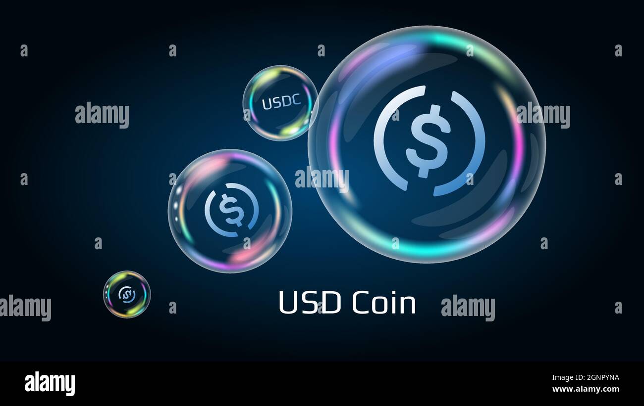 USD Coin USDC token symbol in soap bubble. The financial pyramid will burst soon and destroyed ...