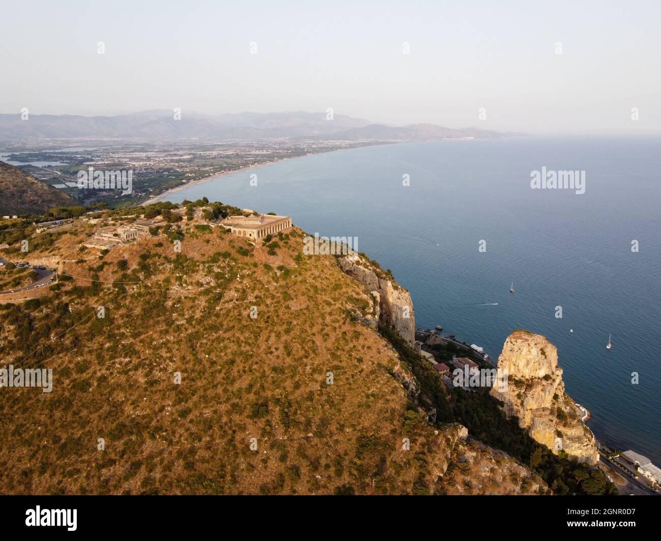 Aerial view on Terracina, mountains and Tyrrhenian Sea bay, ancient ...