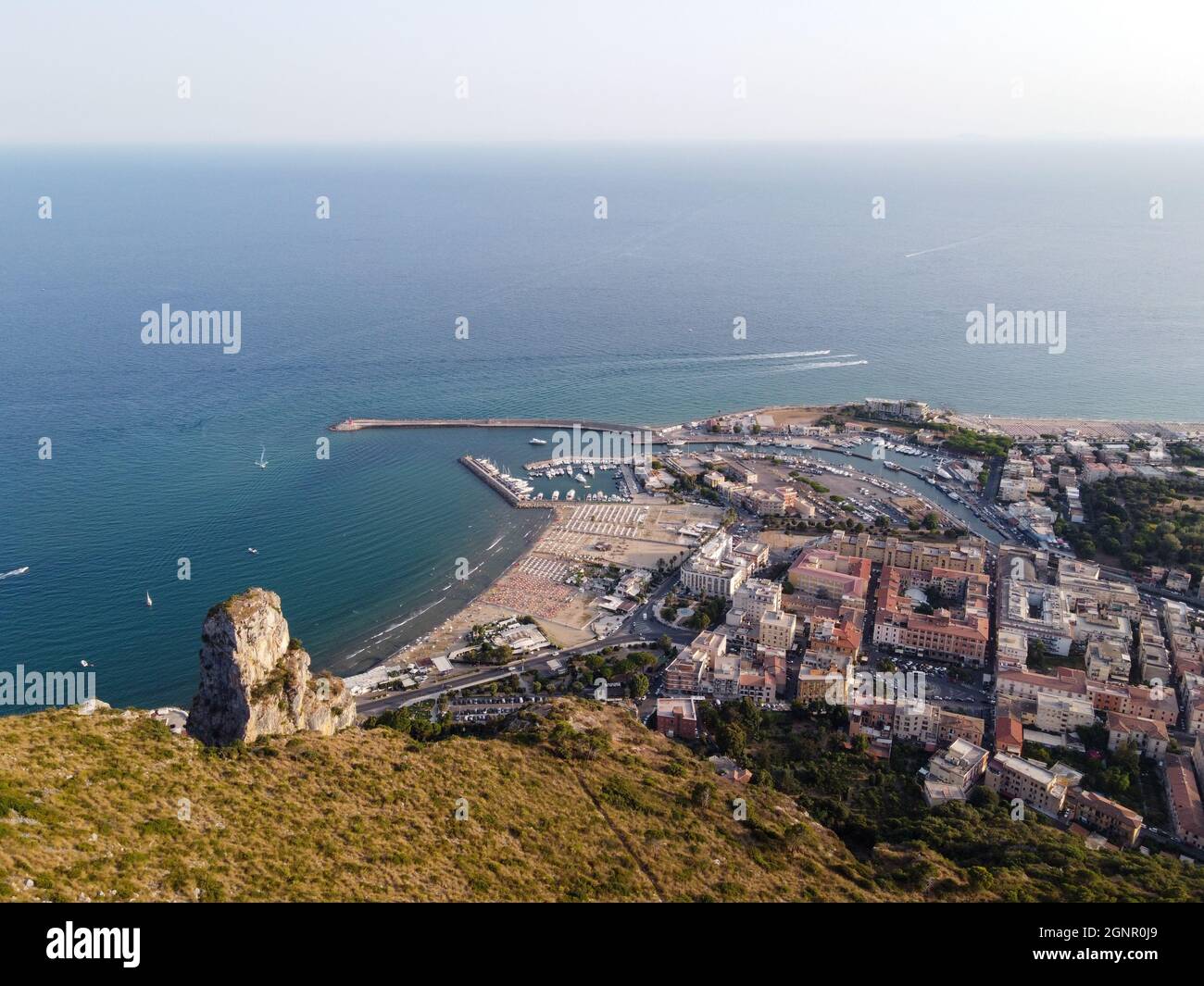 Aerial view on Terracina, mountains and Tyrrhenian Sea bay, ancient ...
