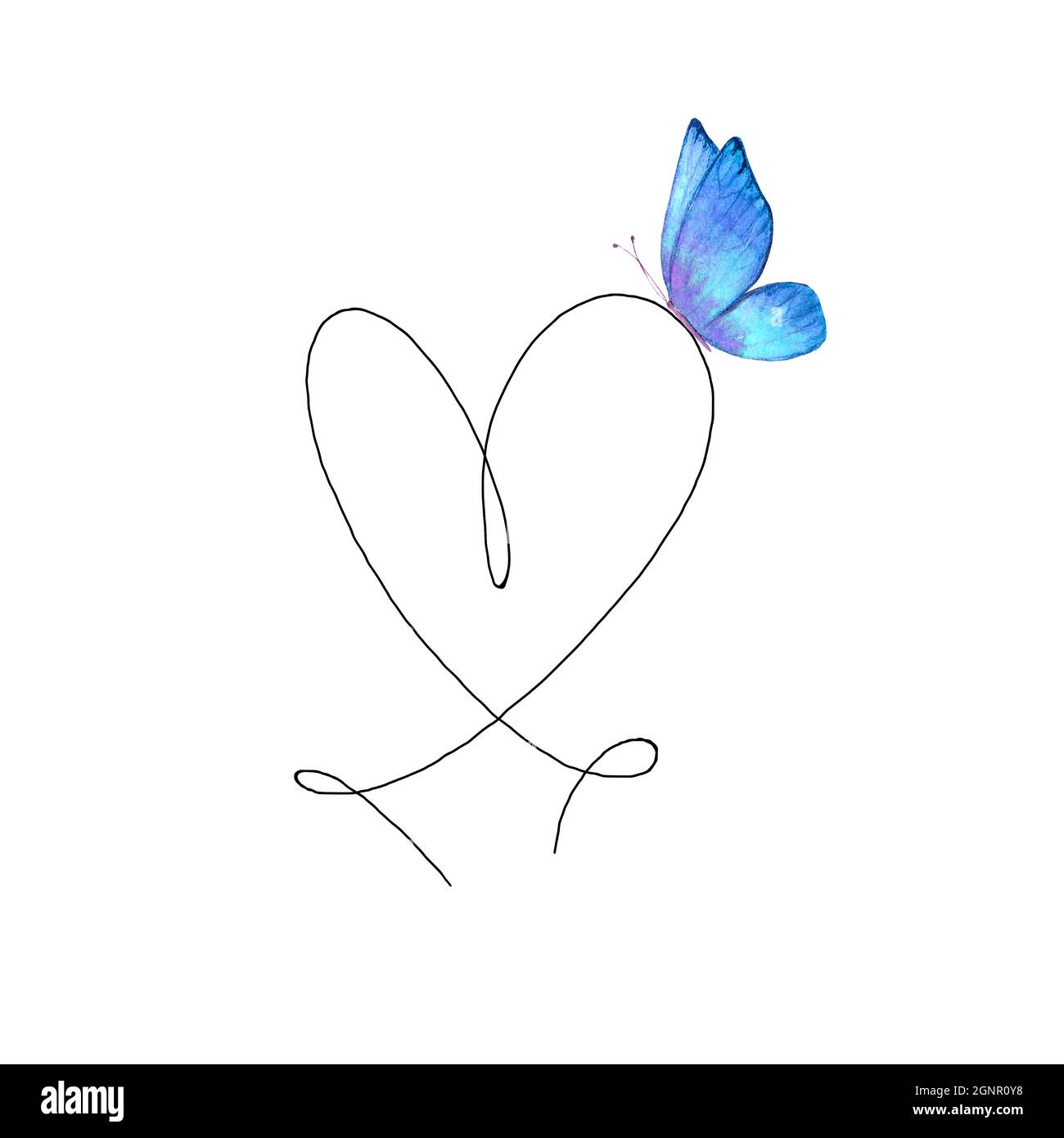 Hand drawn heart with black outline and watercolor butterfly isolated ...