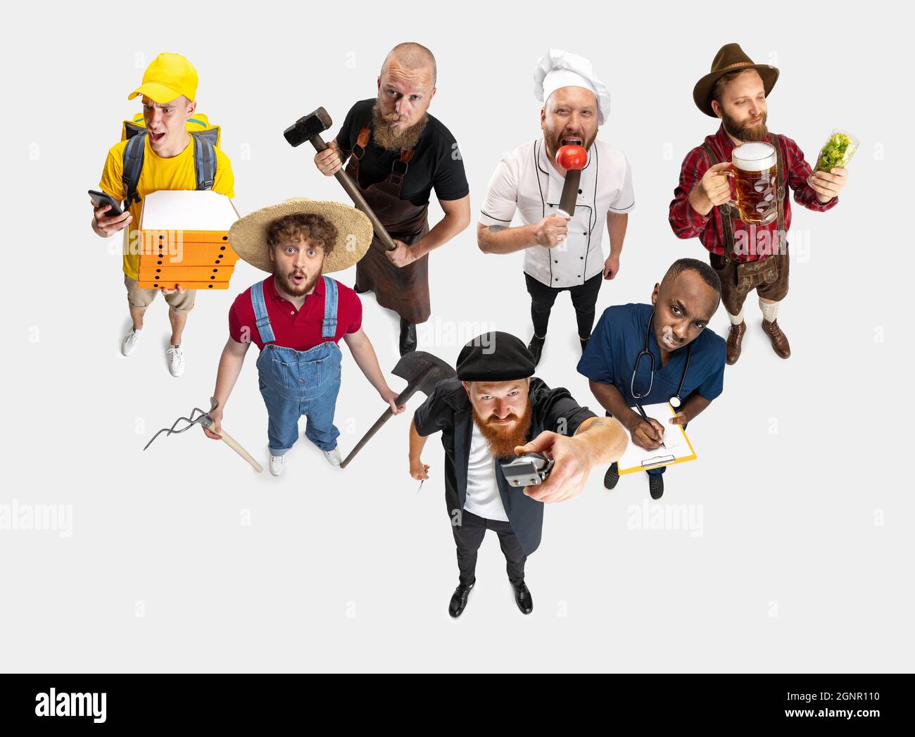 High angle view of age-diverse men, professor, farmer, delivery man ...