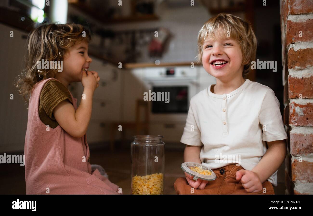 Two happy small children indoors at home, eating cornflakes on floor ...