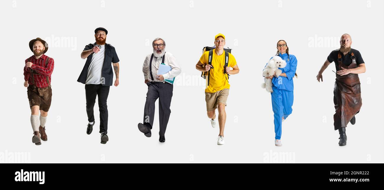 Collage of running men, professor, waiter, delivery man, vet, barber ...