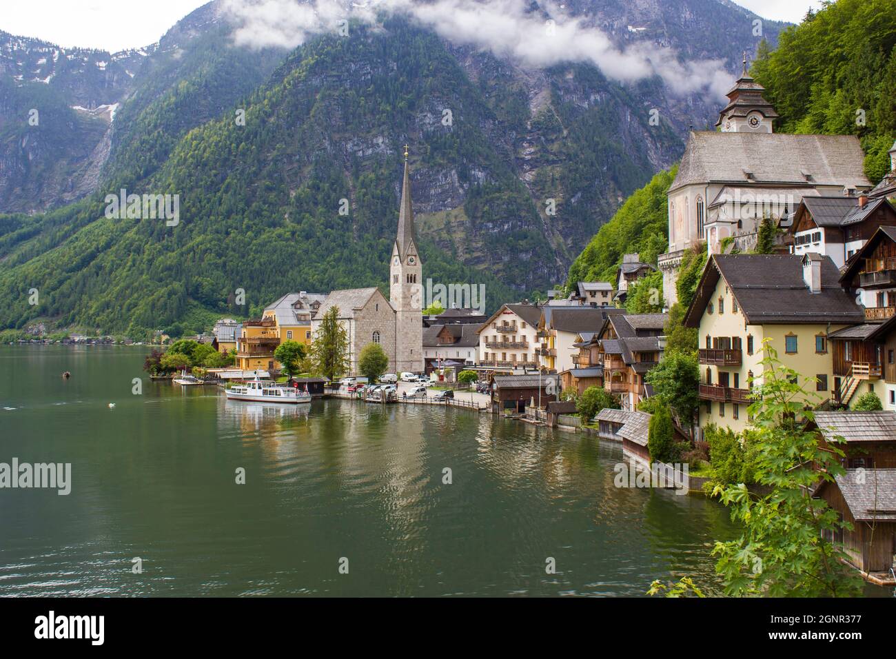 view of famous Hallstatt mountain village with Hallstatter lake See ...