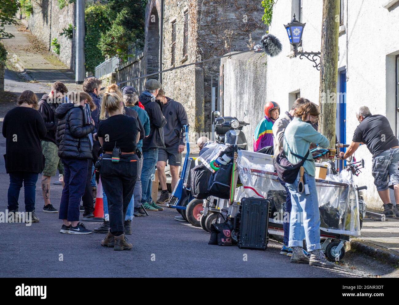 Film crew filming a scene on Irish Street outside Garda Station mock up ...
