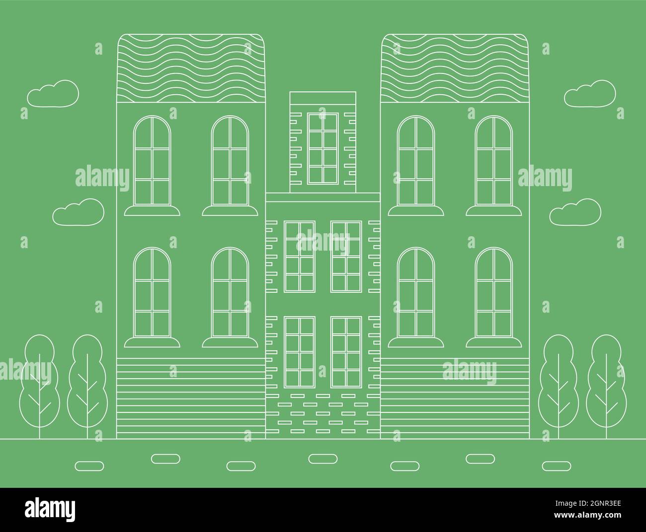 City panorama vector in line style. Buildings, road street with trees ...