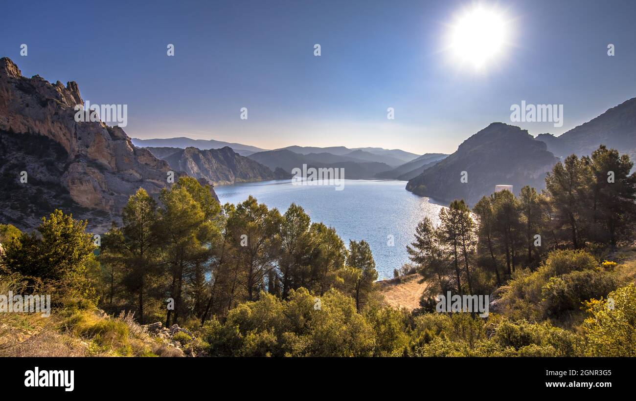 View over Embalse de Santa Ana reservoir lake in Sierras Exteriores in ...