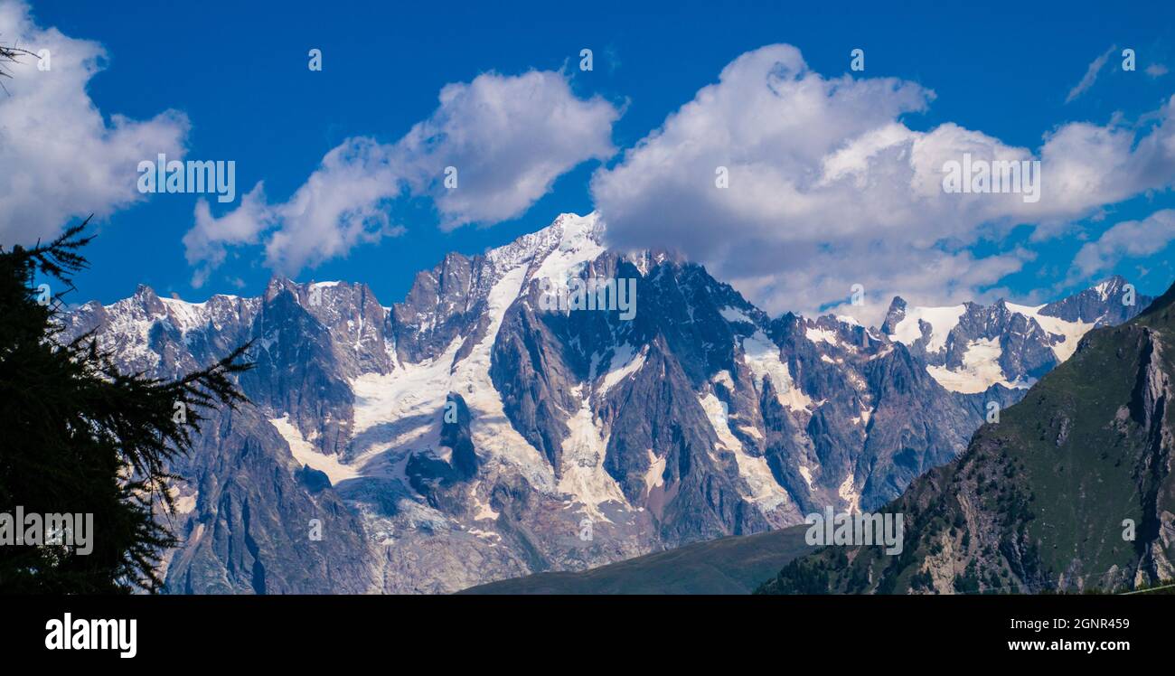 massif of mont blanc of lake arpy in val aostr in italy Stock Photo - Alamy