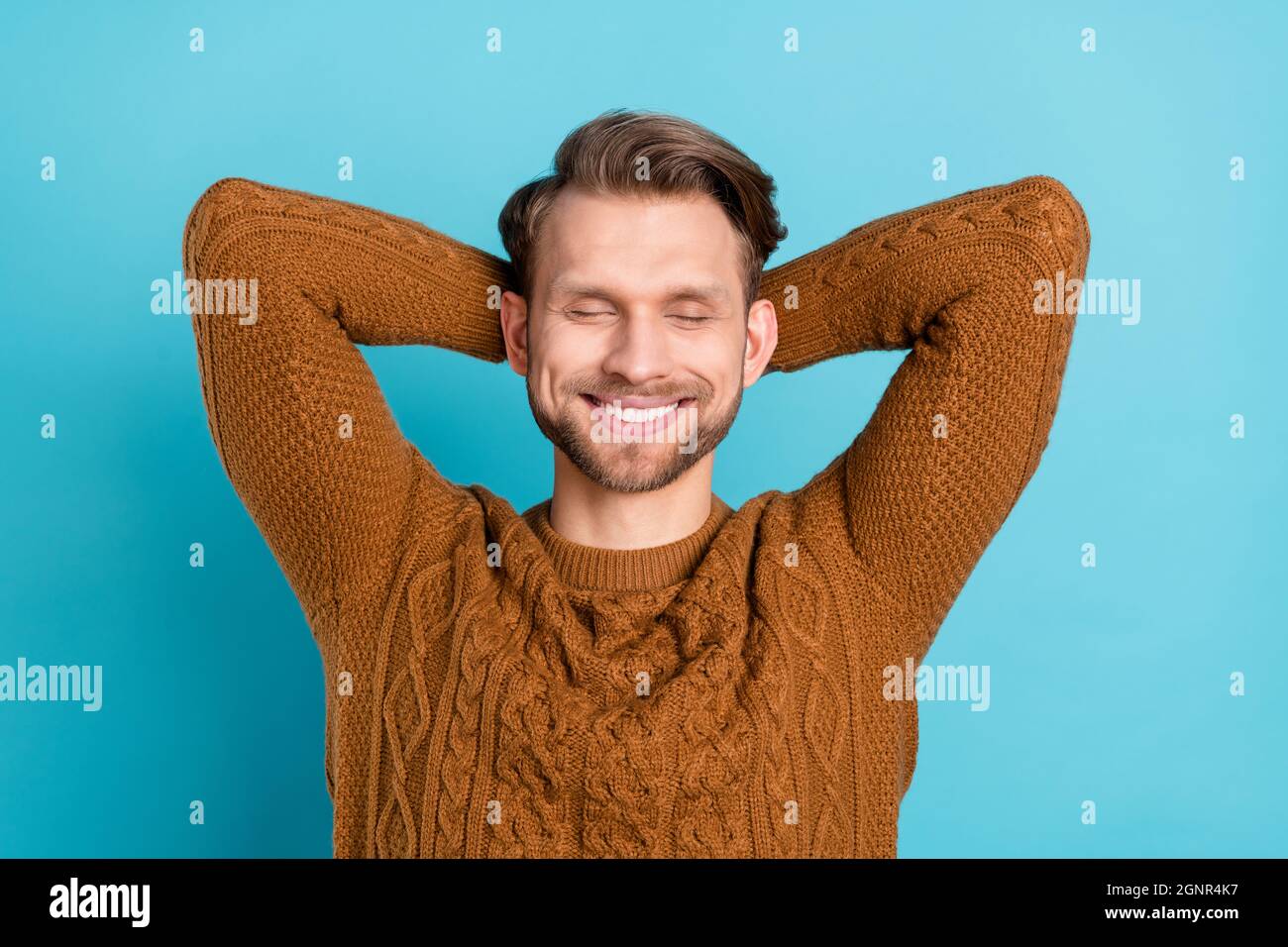 Top high above angle view photo of young happy man hold hands behind ...