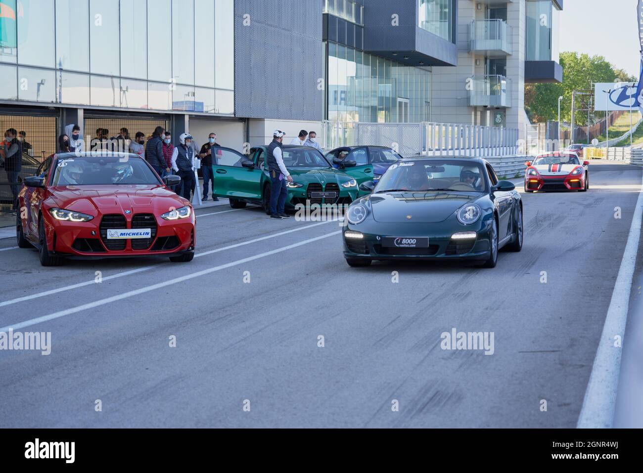MADRID, SPAIN - Apr 16, 2021: The BMW and Porsche in the pits of the ...