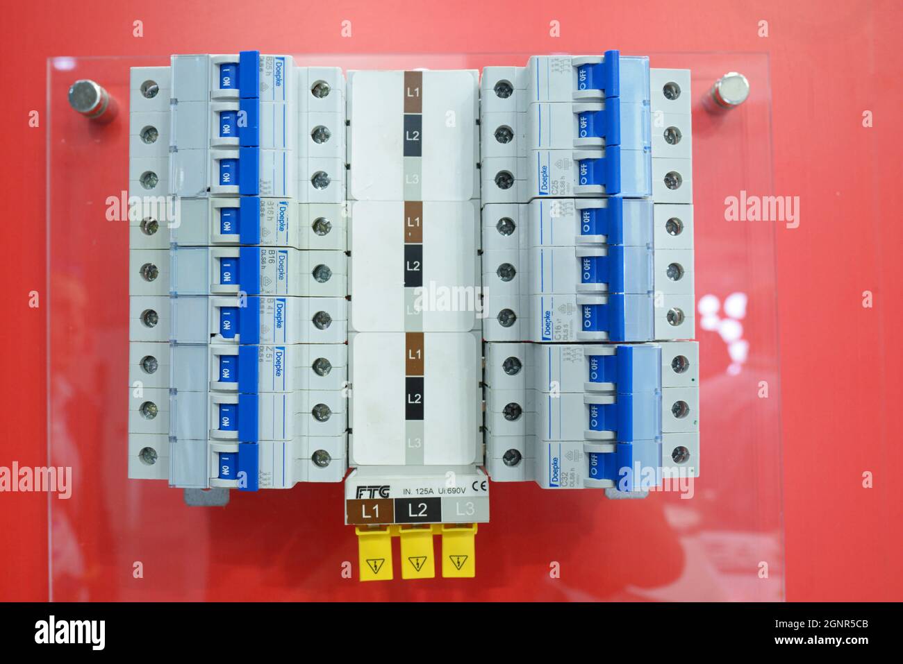 Control panel connection terminals, electrical strips set on stand ...