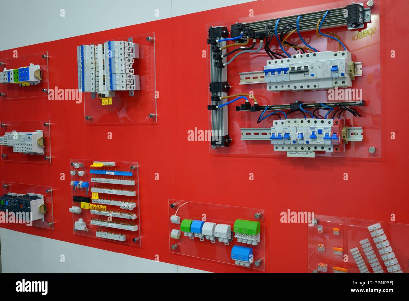 Control panel connection terminals, electrical strips set on stand ...