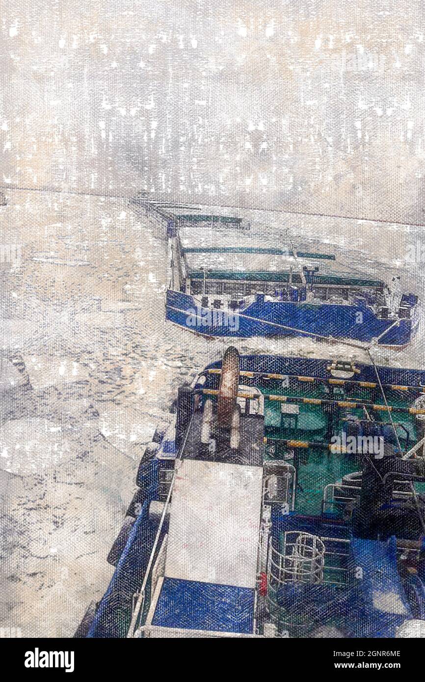 Coaster Shipping. Tugboats pulling loaded barges down the fairway of ...