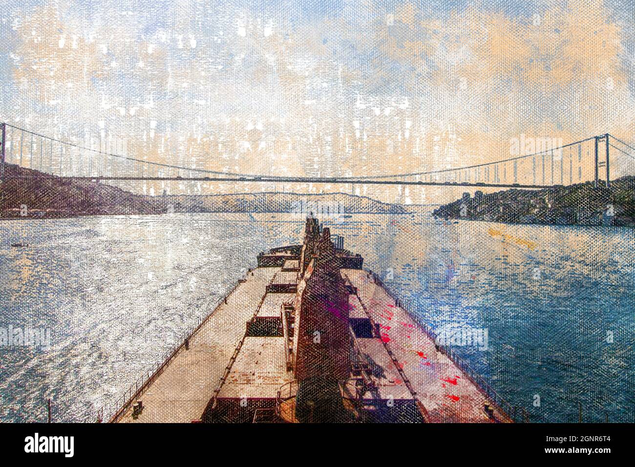 The deck of a bulk carrier in front of the Bridge over the Bosphorus ...