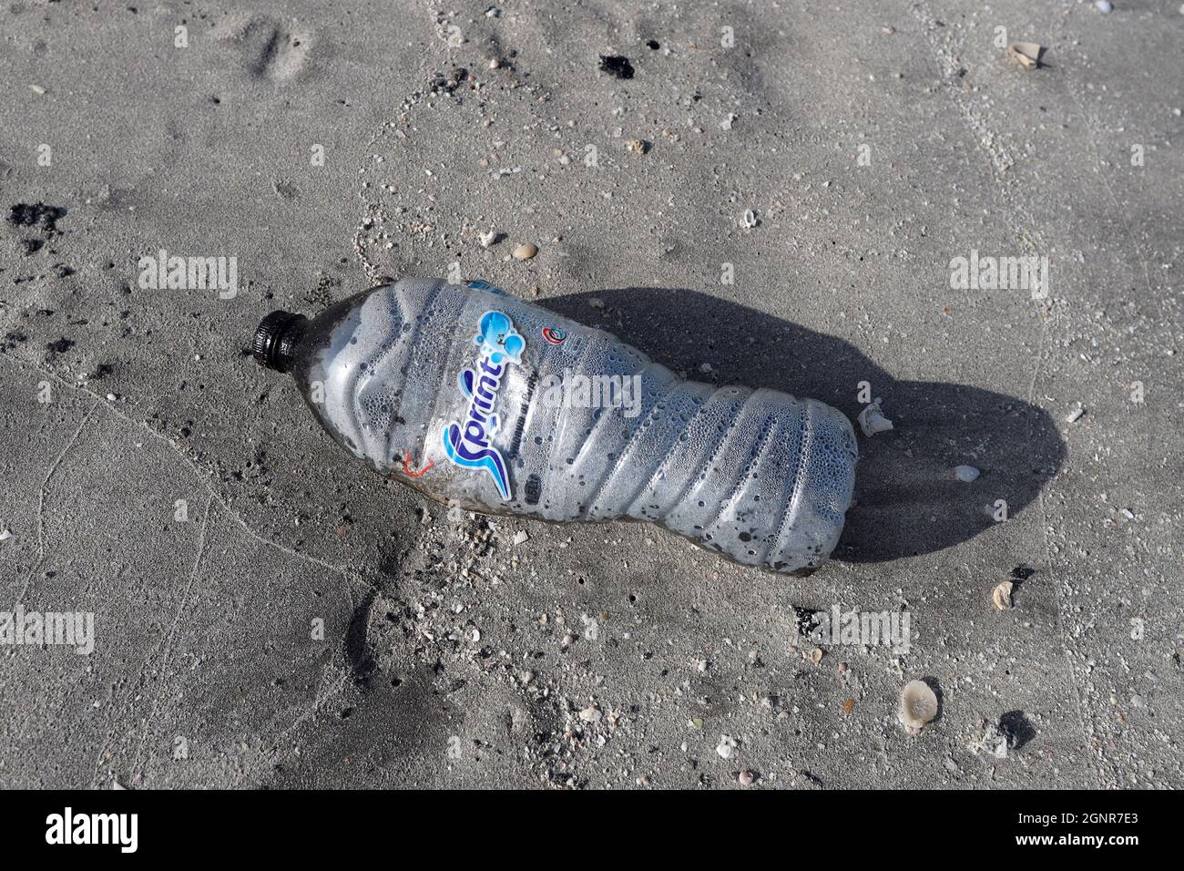 An empty smashed plastic water bottle in a sandy beach. United Arab ...