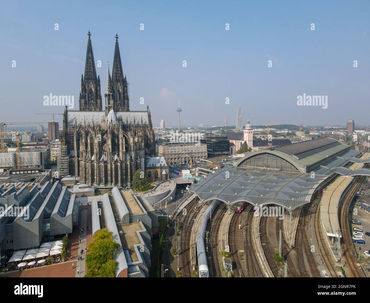 Drone view at the cathedral and the train station of Cologne on Germany ...