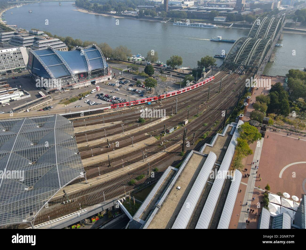 Drone view at train station and bridge of Cologne on Germany Stock ...