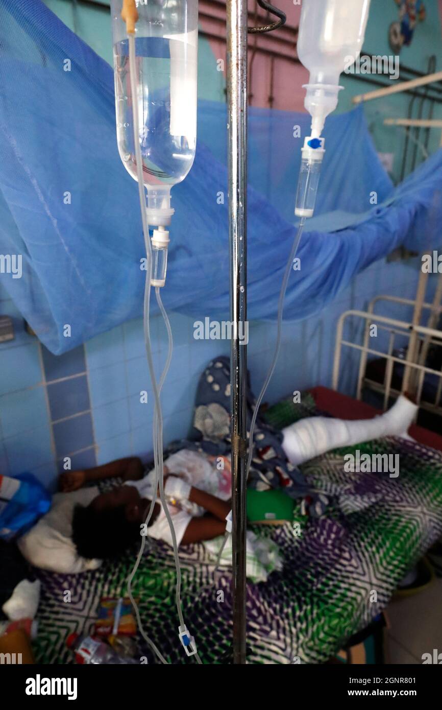 African hospital. Pediatric ward. Drip and drip chamber, close-up ...