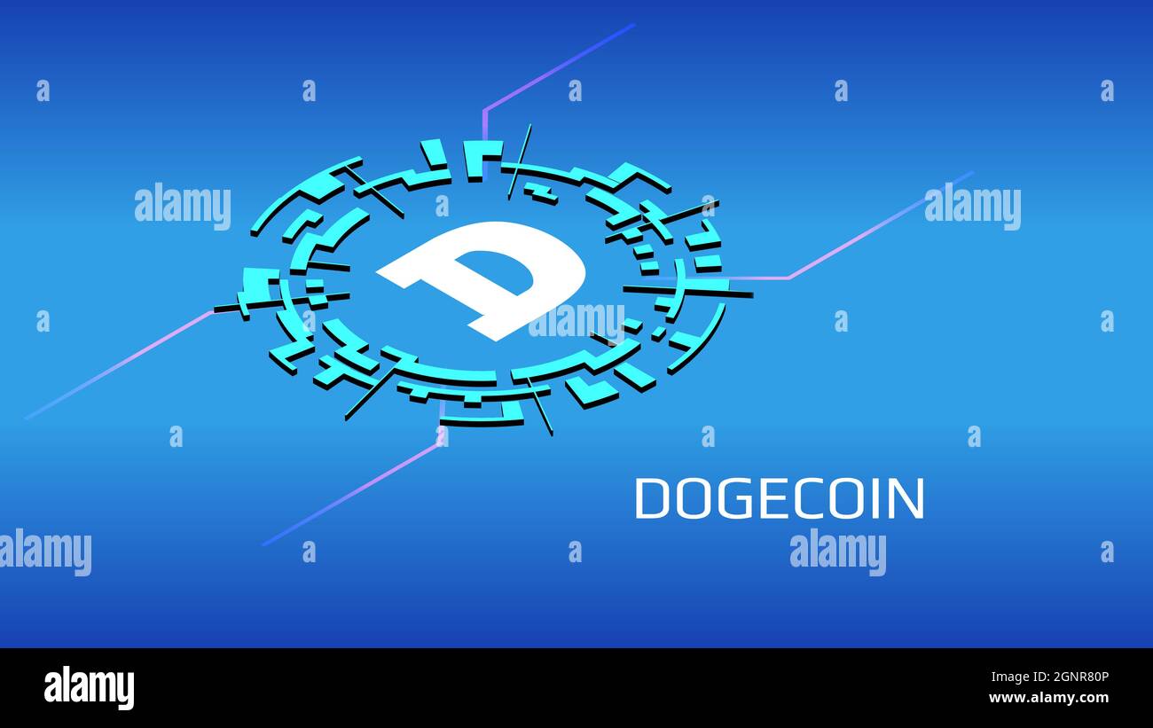 Dogecoin DOGE isometric token symbol in digital circle on blue ...