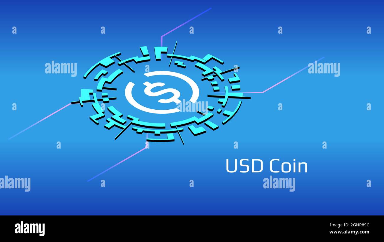USD coin USDC isometric token symbol in digital circle on blue background. Cryptocurrency icon ...